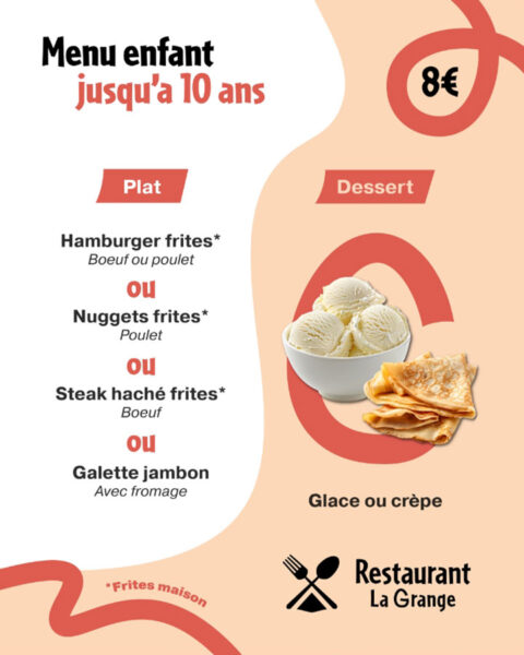 Menu enfant jusqu'à 10 ans - Restaurant La Grange - Saint Jean du Falga